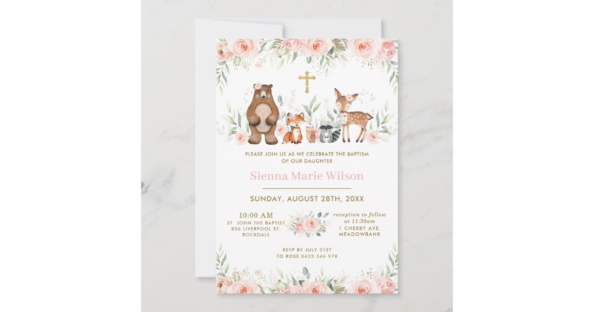 Woodland Animals Blush Floral Baptism Christening Invitation | Zazzle