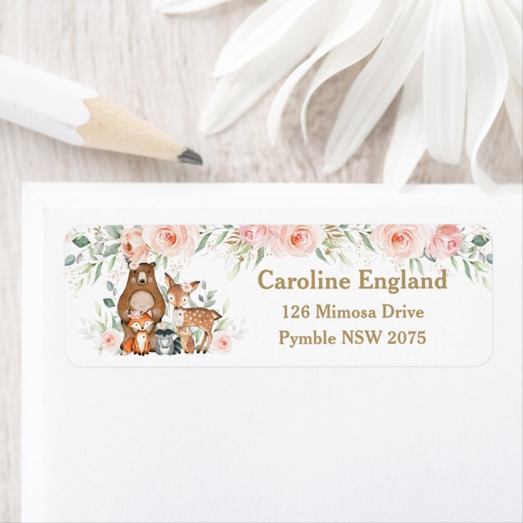 Woodland Animals Blush Floral Return Address Label | Zazzle