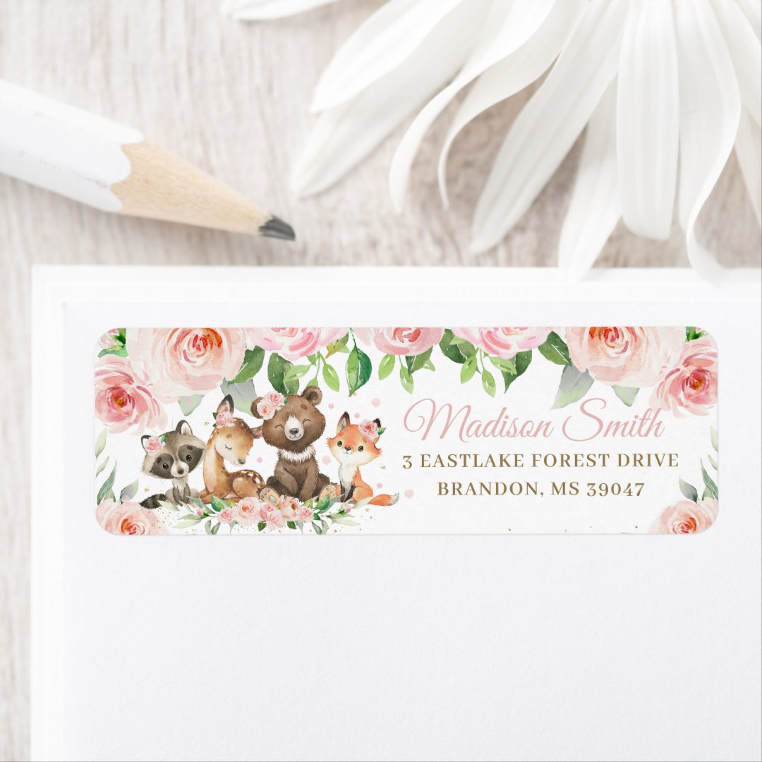 Woodland Animals Blush Pink Floral Return Address Label | Zazzle