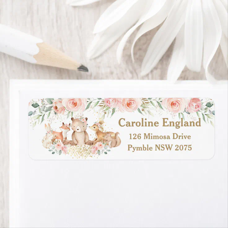 Woodland Animals Blush Pink Floral Return Address Label | Zazzle