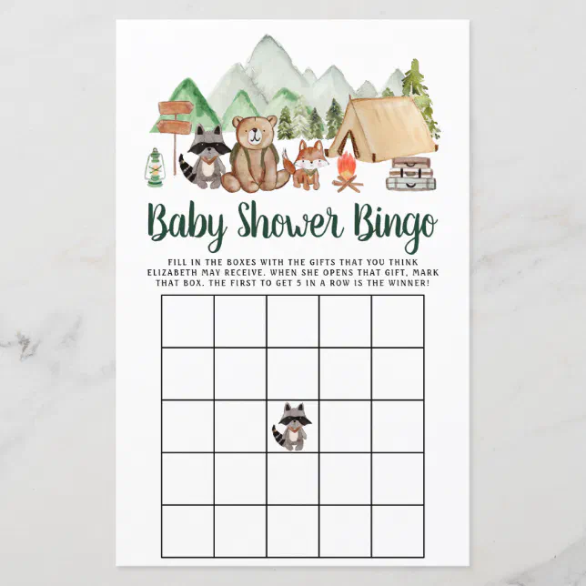 Woodland Animals Camping Baby Shower Bingo Game | Zazzle