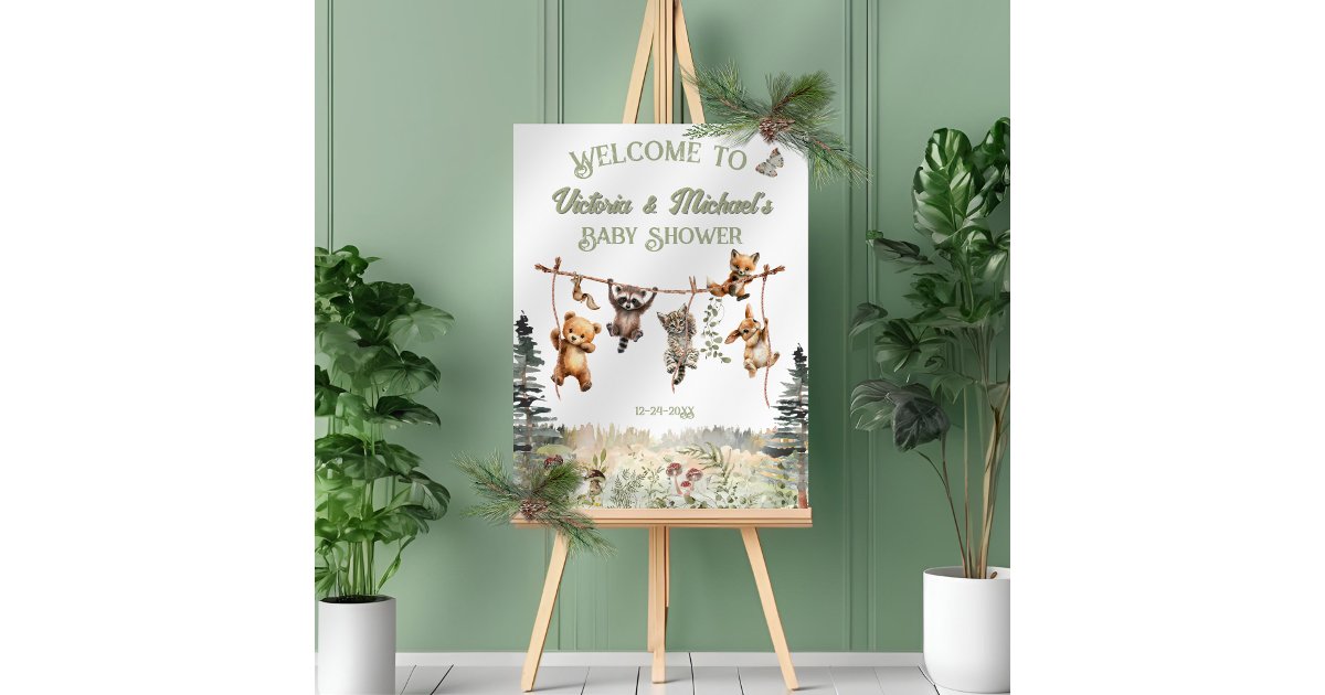 Woodland Animals Clothesline Baby Shower Welcome Poster | Zazzle
