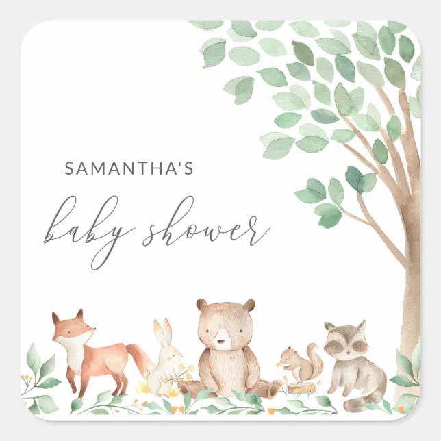 Woodland Animals Cute Gender Neutral Baby Shower Square Sticker | Zazzle