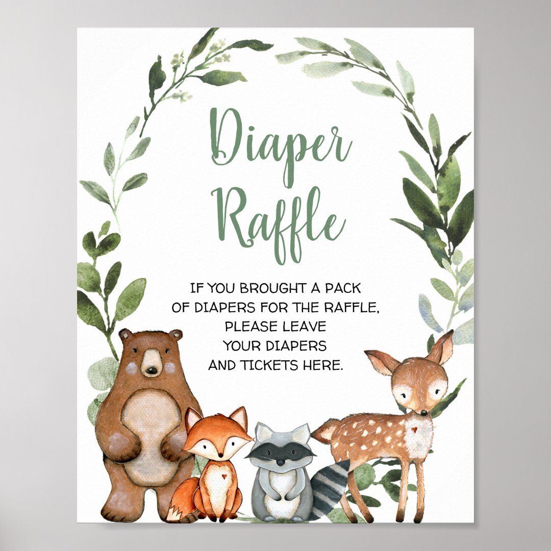 Woodland animals Diaper Raffle baby shower sign | Zazzle