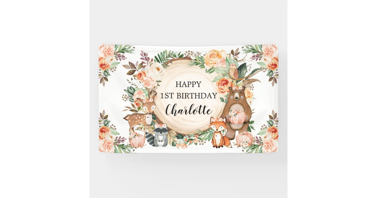 Woodland Animals Fall Autumn Floral Happy Birthday Banner | Zazzle
