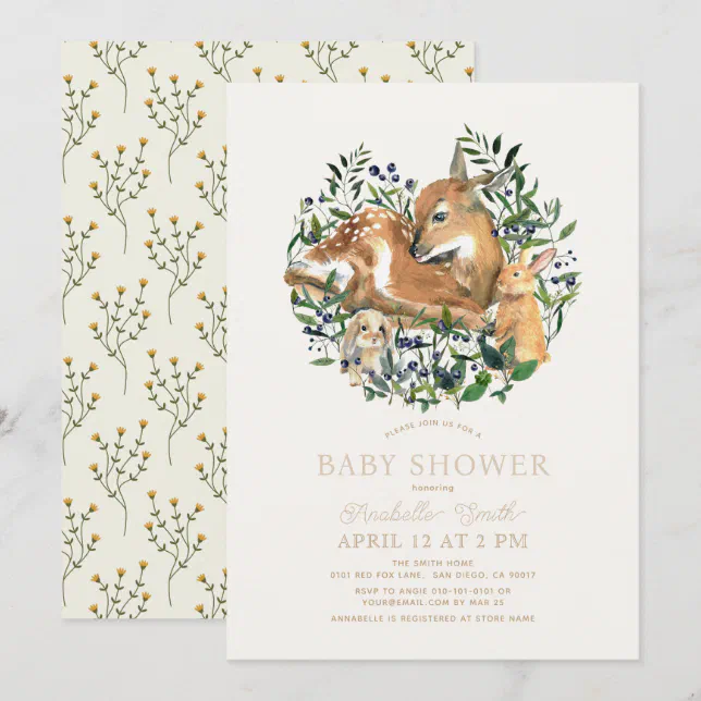 Woodland Animals Fawn Bunny Greenery Baby Shower Invitation | Zazzle