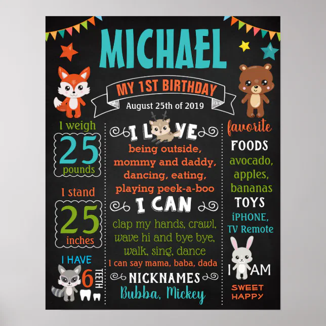 Woodland animals First Birthday party sign | Zazzle
