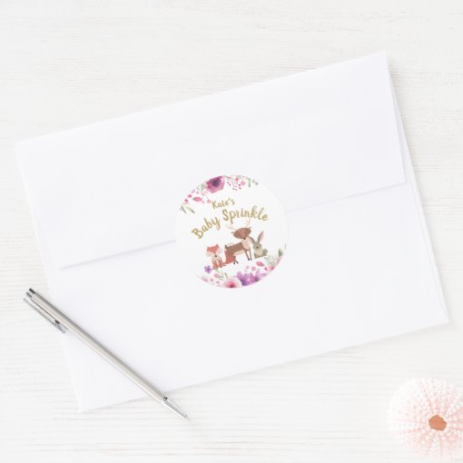 Woodland Animals Floral Baby Sprinkle Classic Round Sticker | Zazzle
