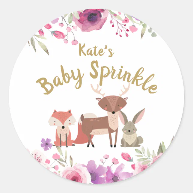 Woodland Animals Floral Baby Sprinkle Classic Round Sticker | Zazzle