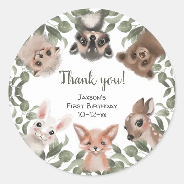 Woodland animals forest friends cute birthday classic round sticker ...