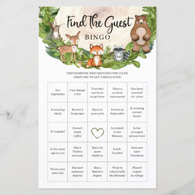 Woodland animals forest wood Find The Guest Bingo | Zazzle