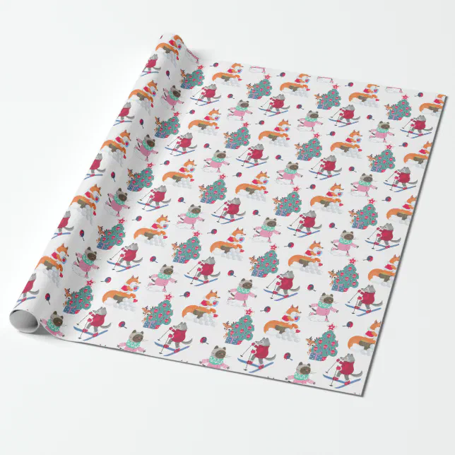 Woodland Animals Fox Wolf Deer in Christmas Antics Wrapping Paper | Zazzle