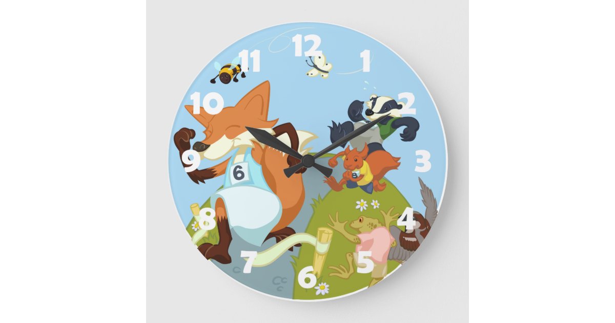 Woodland Animals Fun Running Fox & Badger Cartoon Large Clock | Zazzle