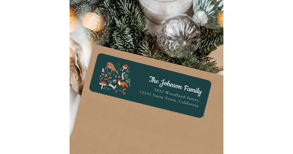 Woodland Animals Green Christmas Party Invitation Label | Zazzle