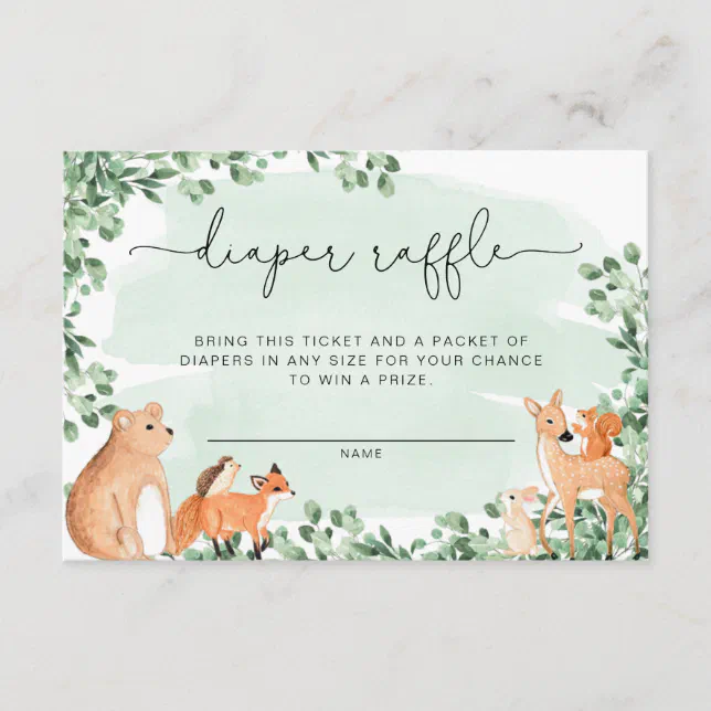 Woodland Animals Green Diaper Raffle Ticket Enclosure Card | Zazzle