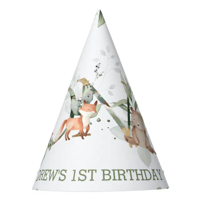 Woodland Animals Greenery 1st Birthday Boy Girl Party Hat | Zazzle
