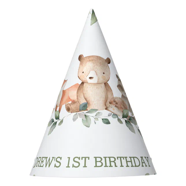 Woodland Animals Greenery 1st Birthday Boy Girl Party Hat | Zazzle