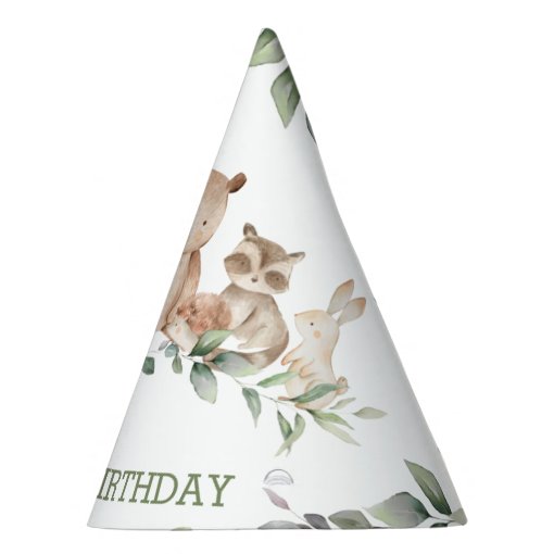 Woodland Animals Greenery 1st Birthday Boy Girl Party Hat | Zazzle