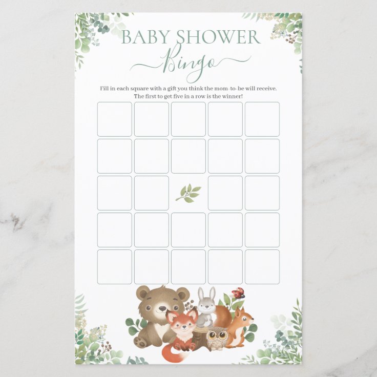 Woodland Animals Greenery Baby Shower Bingo Game | Zazzle