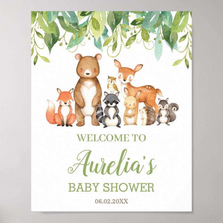Woodland Animals Greenery Baby Shower Welcome Sign | Zazzle
