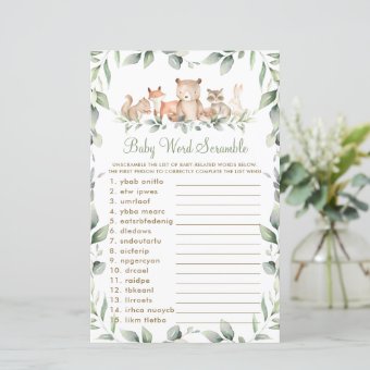 Woodland Animals Greenery Baby Word Scramble Game | Zazzle