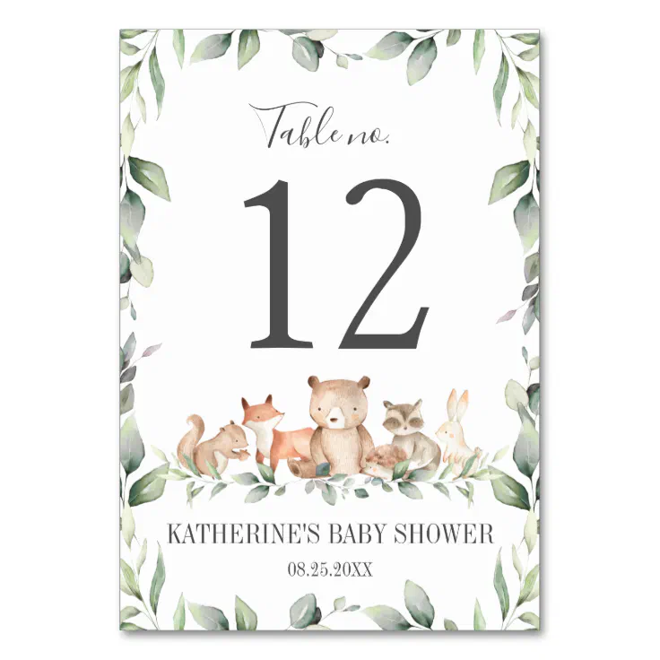 Woodland Animals Greenery Birthday Baby Shower Table Number | Zazzle
