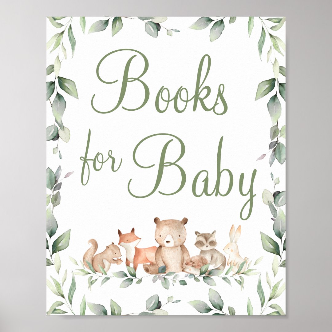 Woodland Animals Greenery Books for Baby Tabletop Poster | Zazzle
