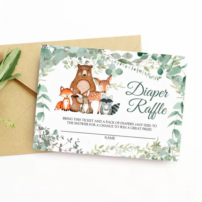 Woodland Animals Greenery Diaper Raffle Card | Zazzle