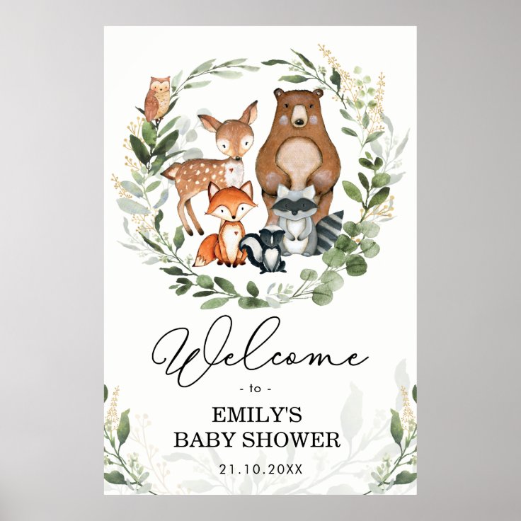 Woodland Animals Greenery Gold Forest Welcome Baby Poster | Zazzle