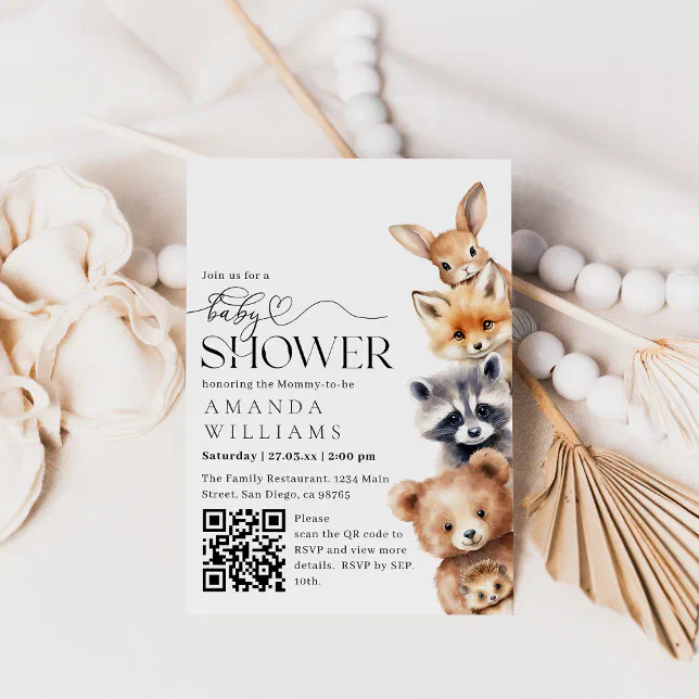 Woodland Animals Modern QR code Baby Shower Invitation | Zazzle