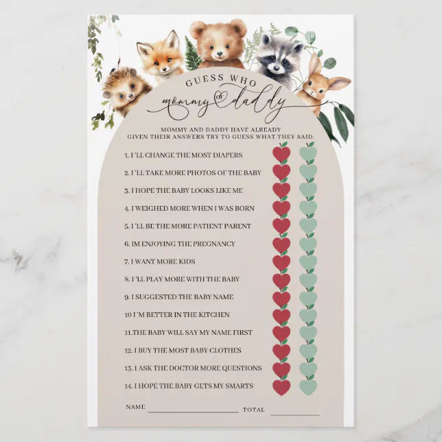 Woodland Animals Mom or Dad Baby Shower Game | Zazzle