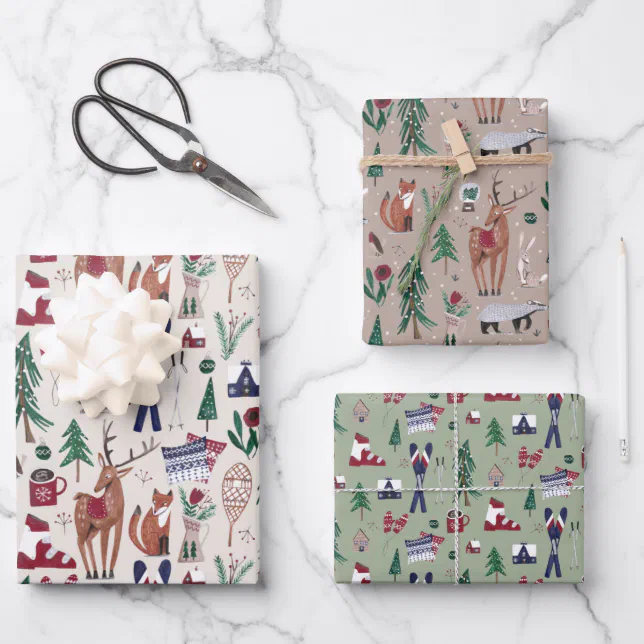 Woodland animals nordic ski Christmas pattern Wrapping Paper Sheets ...