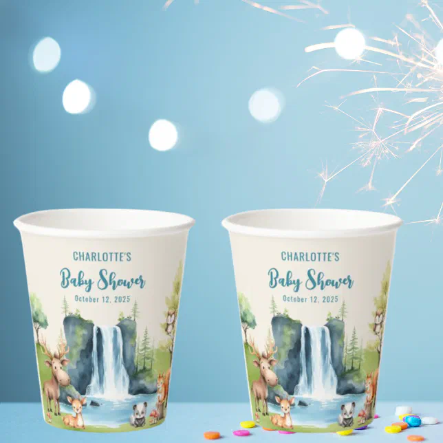 Woodland animals Personalized Blue Baby Shower Paper Cups | Zazzle