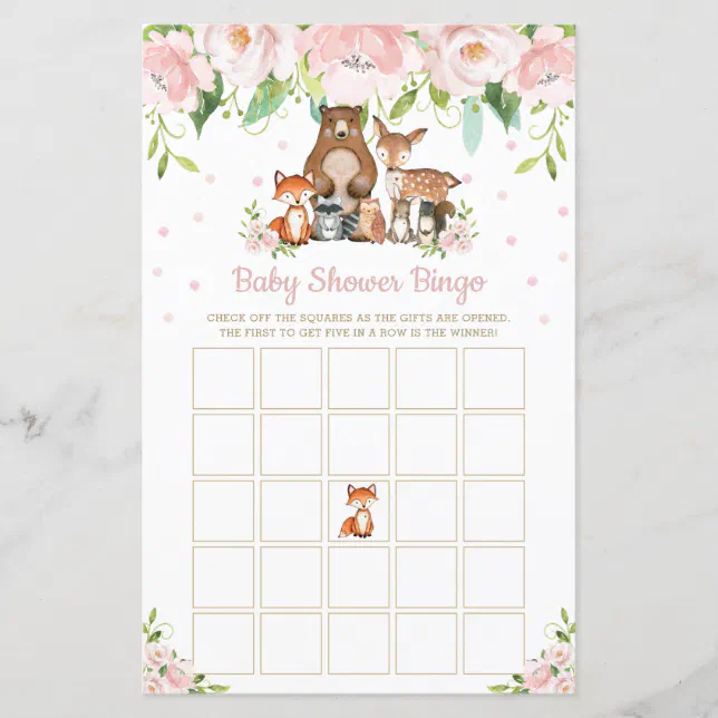 Woodland Animals Pin Floral Baby Shower Bingo Game | Zazzle