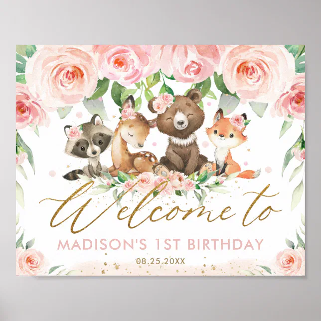 Woodland Animals Pink Floral Birthday Welcome Poster | Zazzle