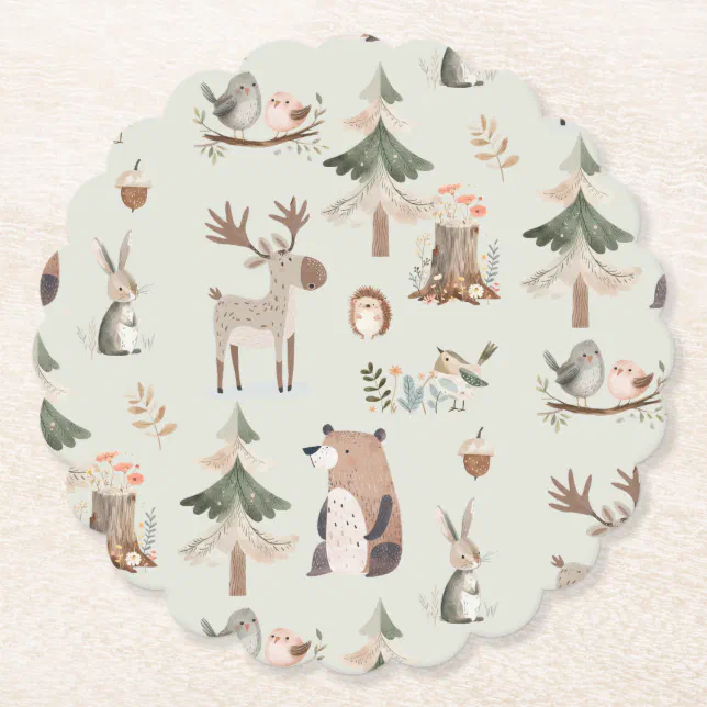 Woodland animals sage green rustic Baby Shower Paper Coaster | Zazzle