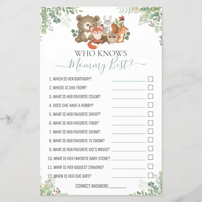 Woodland animals Shower How well do you know game Flyer | Zazzle