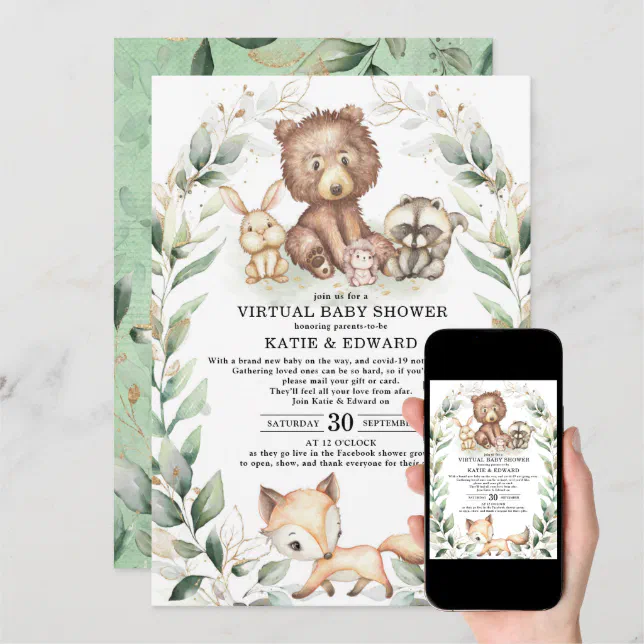 Woodland Animals Virtual Baby Shower Greenery Gold Invitation | Zazzle