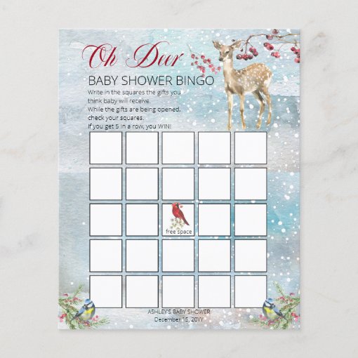 Woodland Animals Winter Boy Baby Shower Bingo Card | Zazzle