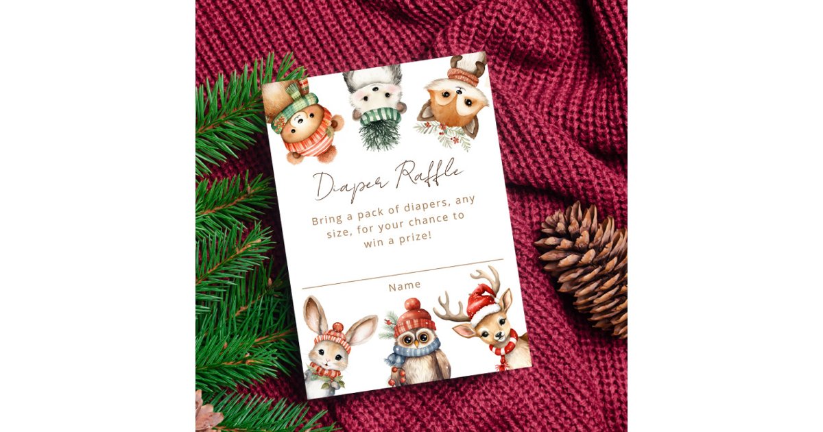 Woodland animals Winter Christmas diaper raffle Enclosure Card | Zazzle