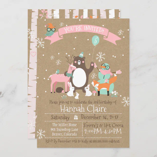 Woodland Animals Winter Girls Birthday Invitation | Zazzle