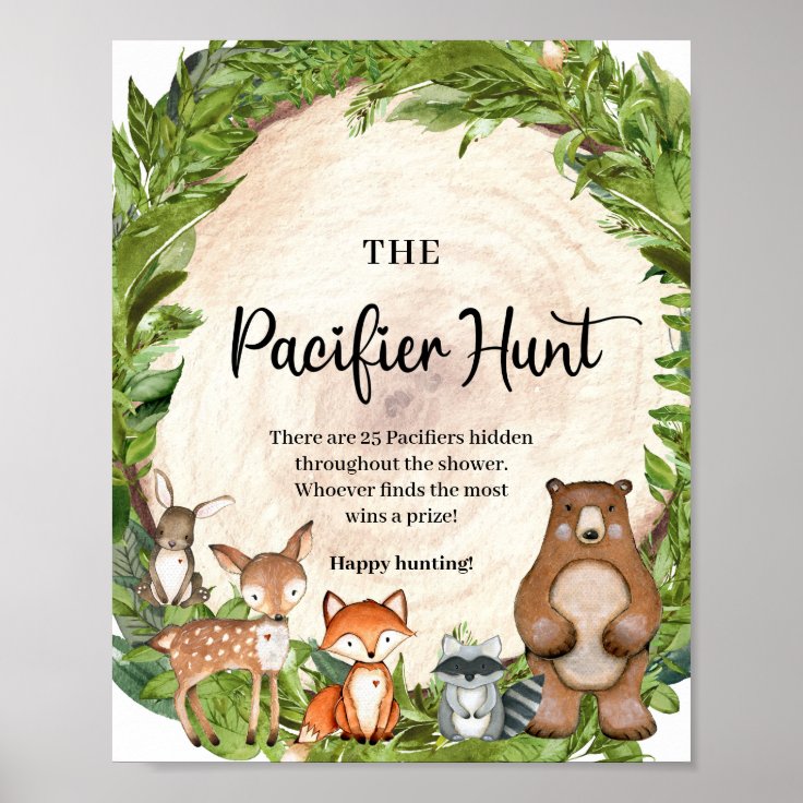 Woodland animals wood slice The Pacifier Hunt game Poster | Zazzle