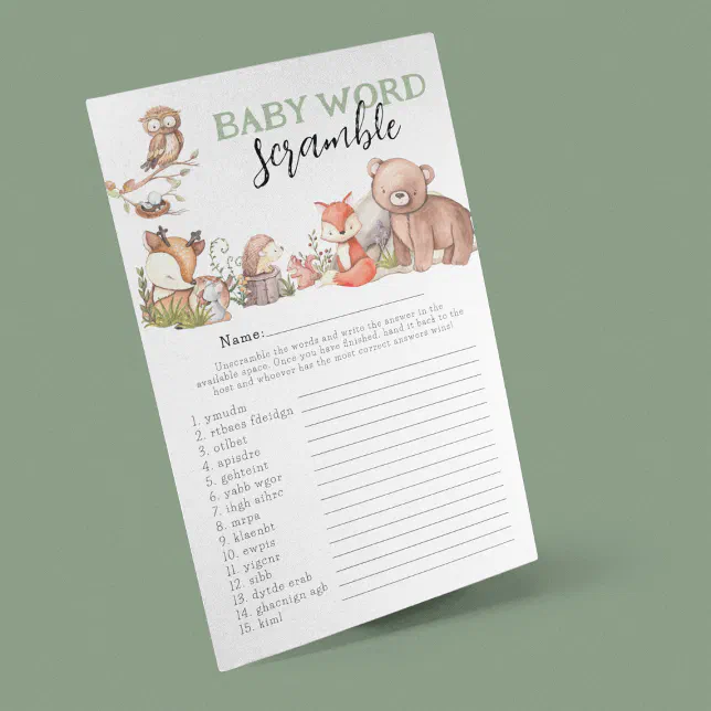 Woodland Animals 'Word Scramble' Baby Shower Game | Zazzle