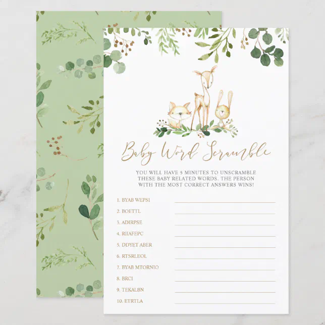 Woodland Animals Word Scramble Baby Shower Game | Zazzle