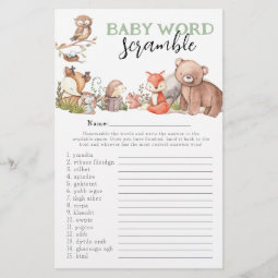 Woodland Animals 'Word Scramble' Baby Shower Game | Zazzle