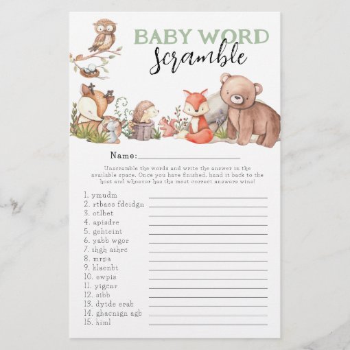 Woodland Animals 'Word Scramble' Baby Shower Game | Zazzle