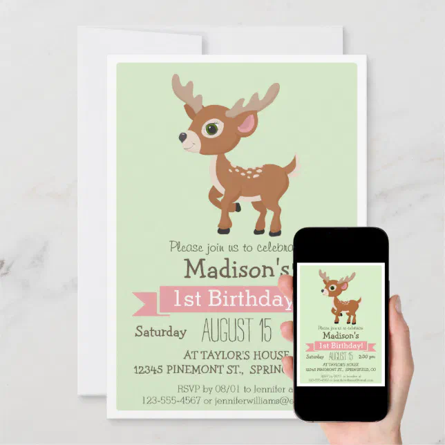 Woodland Baby Deer, Fawn Birthday Party Invitation | Zazzle