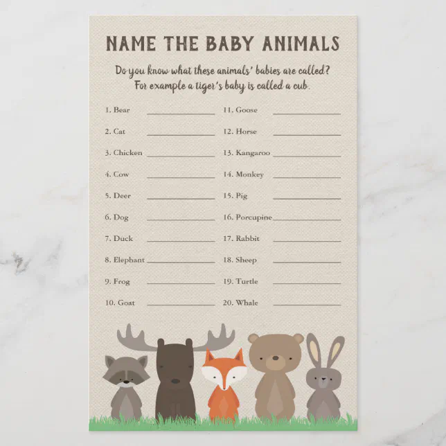 Woodland Baby Shower Baby Animal Name Game | Zazzle