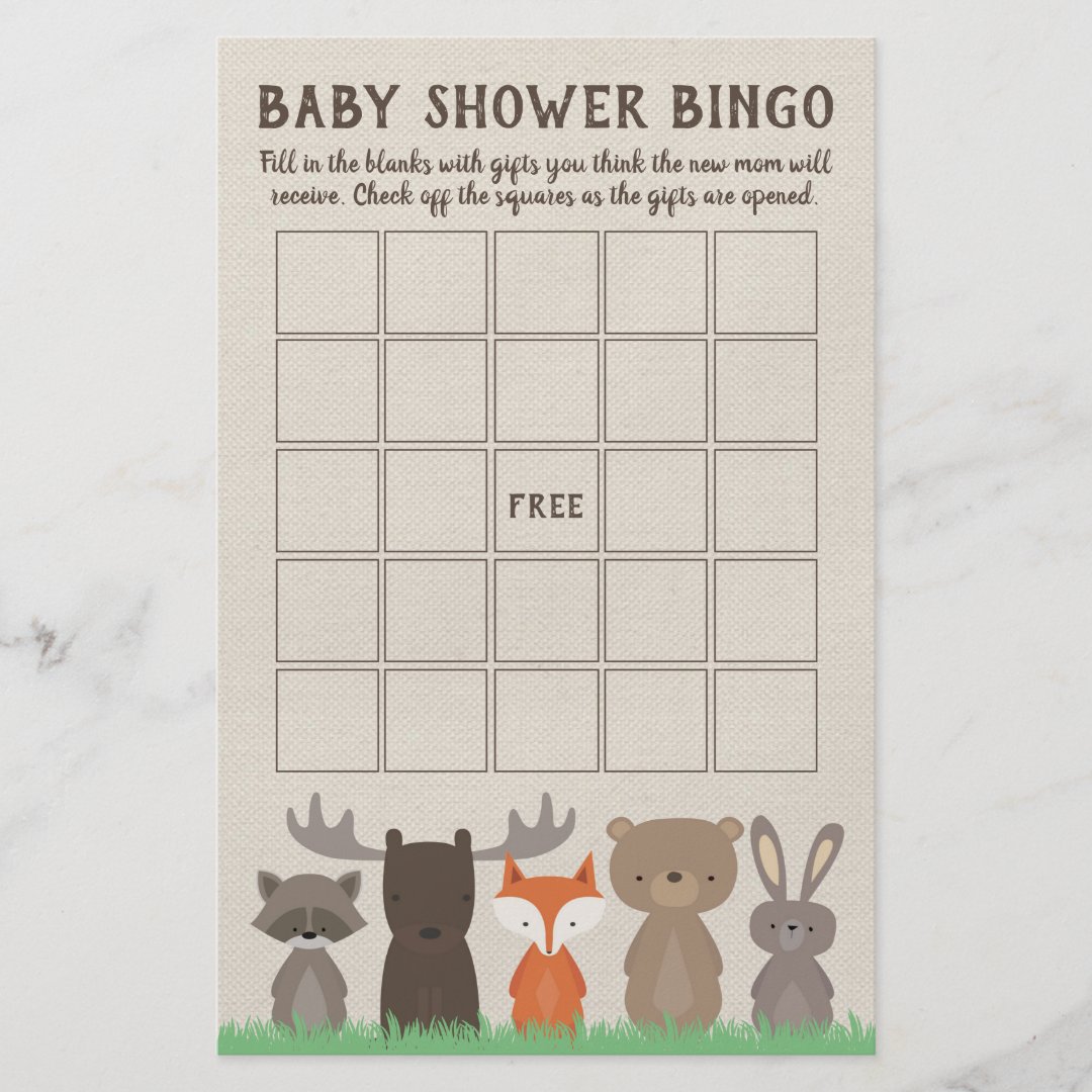 Woodland Baby Shower Bingo Game Cards Flyer | Zazzle