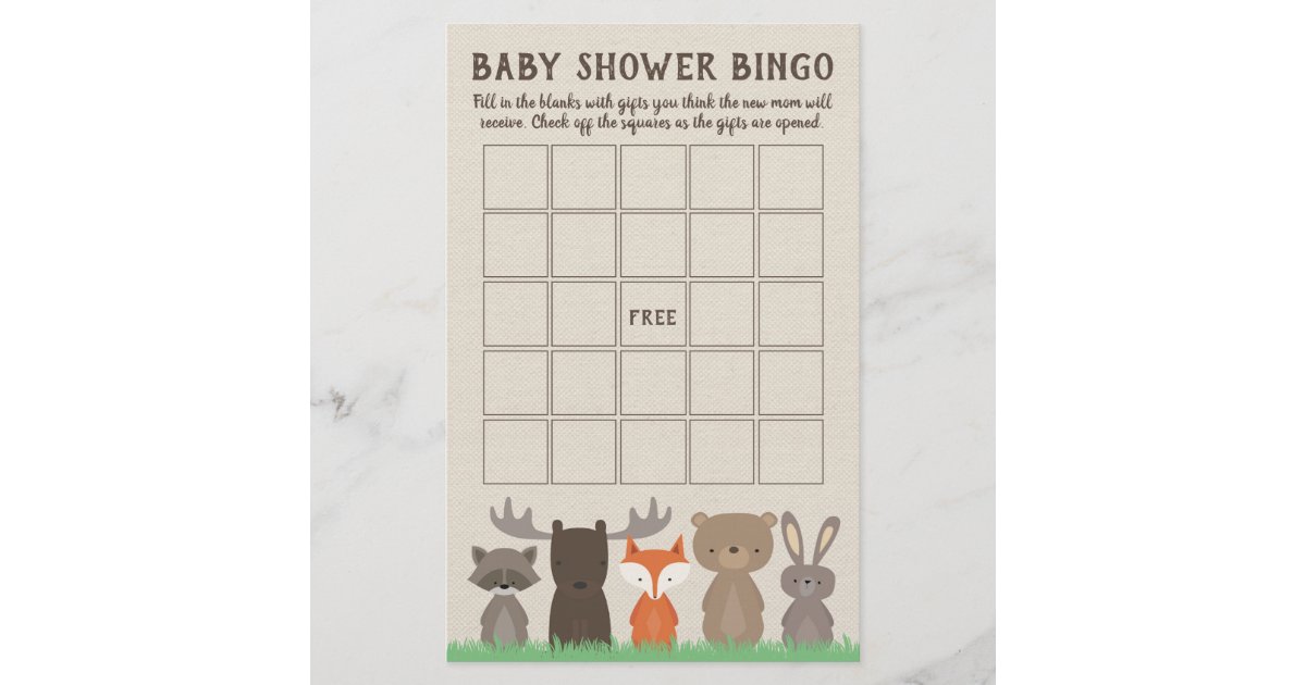 Woodland Baby Shower Bingo Game Cards Flyer | Zazzle
